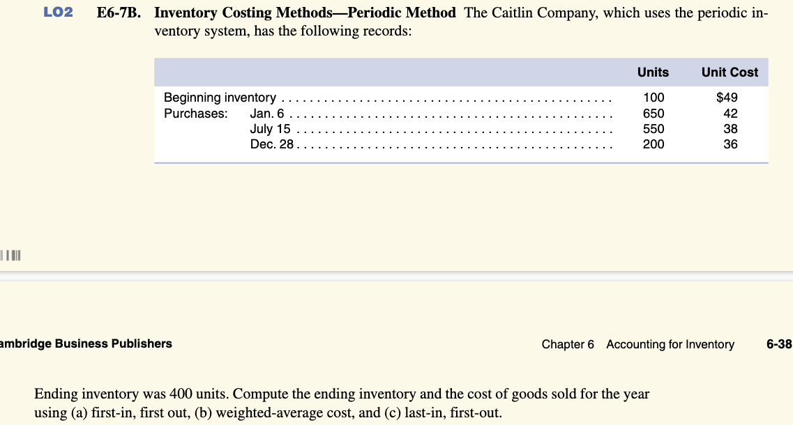 Solved L02 E6-7B. Inventory Costing Methods-Periodic Method | Chegg.com