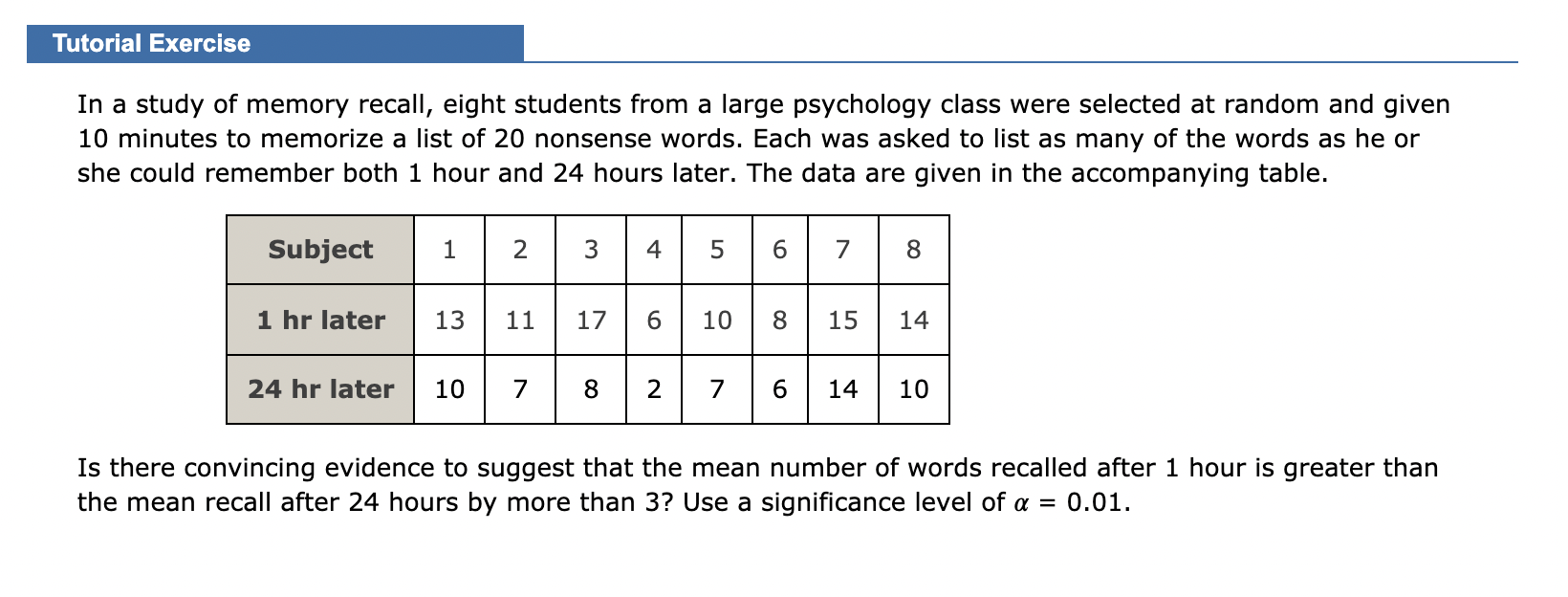 Solved Tutorial Exercise In a study of memory recall, eight | Chegg.com