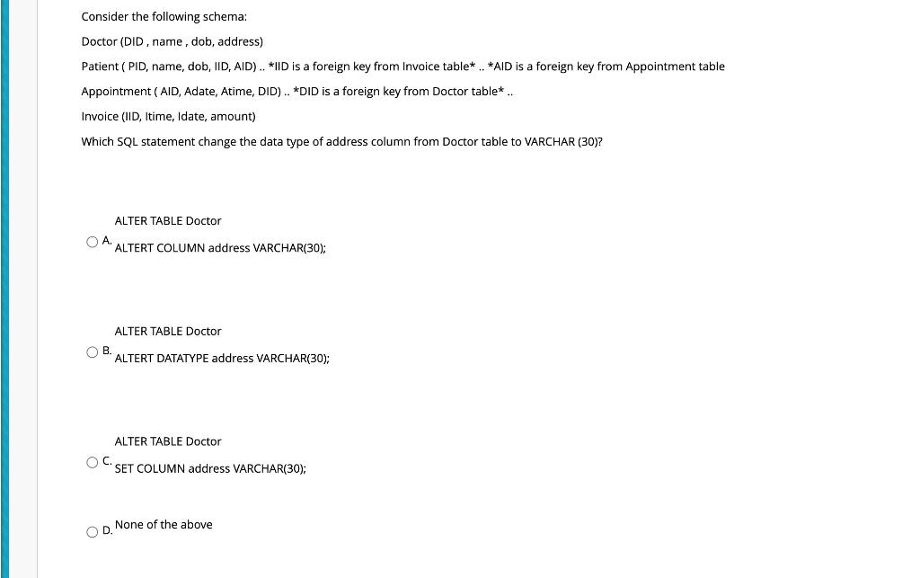 Solved Consider the following schema: Doctor (DID, name, | Chegg.com