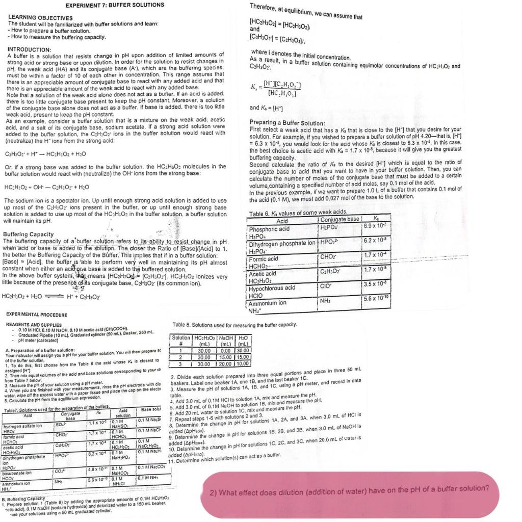 Solved EXPERIMENT 7: BUFFER SOLUTIONS Therefore, at | Chegg.com