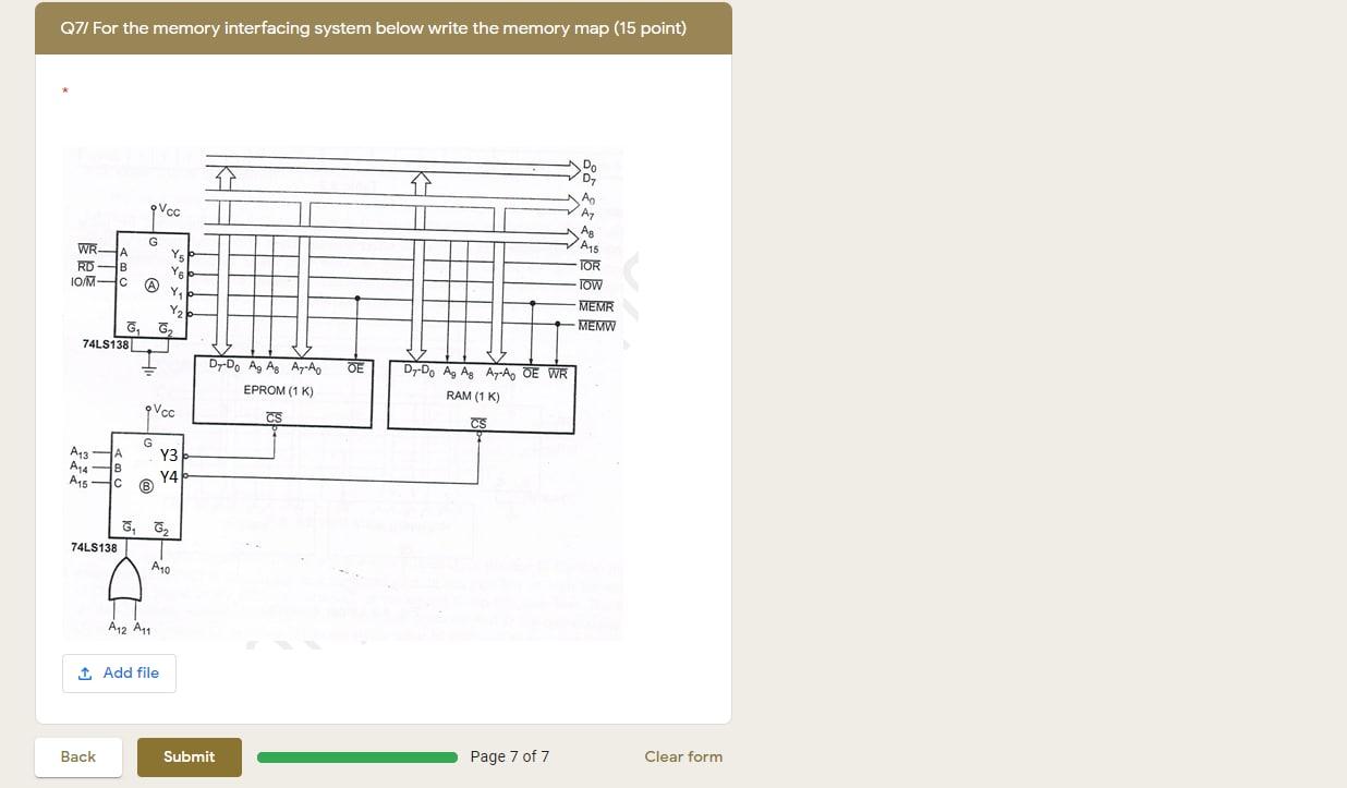 Solved Q71 For the memory interfacing system below write the | Chegg.com