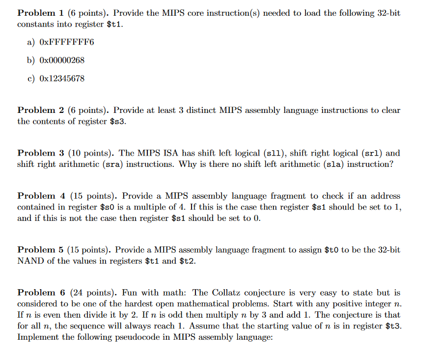 Solved Problem 1 (6 points). Provide the MIPS core | Chegg.com