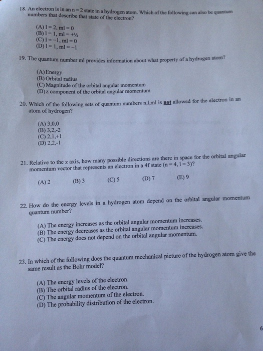 Solved An Electron Is In An N 2 State In A Hydrogen Atom