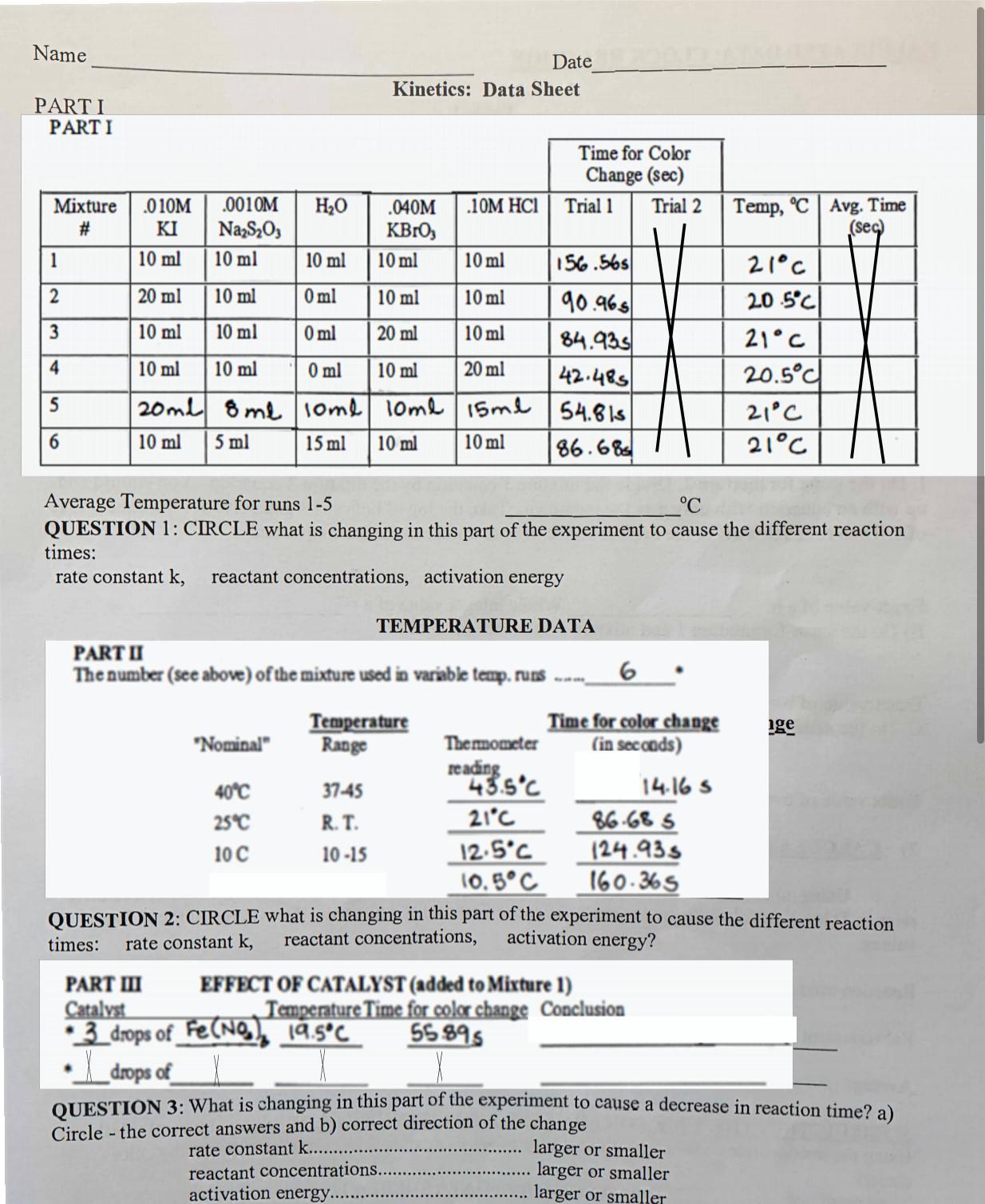 Name Date Kinetics: Data Sheet PARTI PARTI Mixture # | Chegg.com