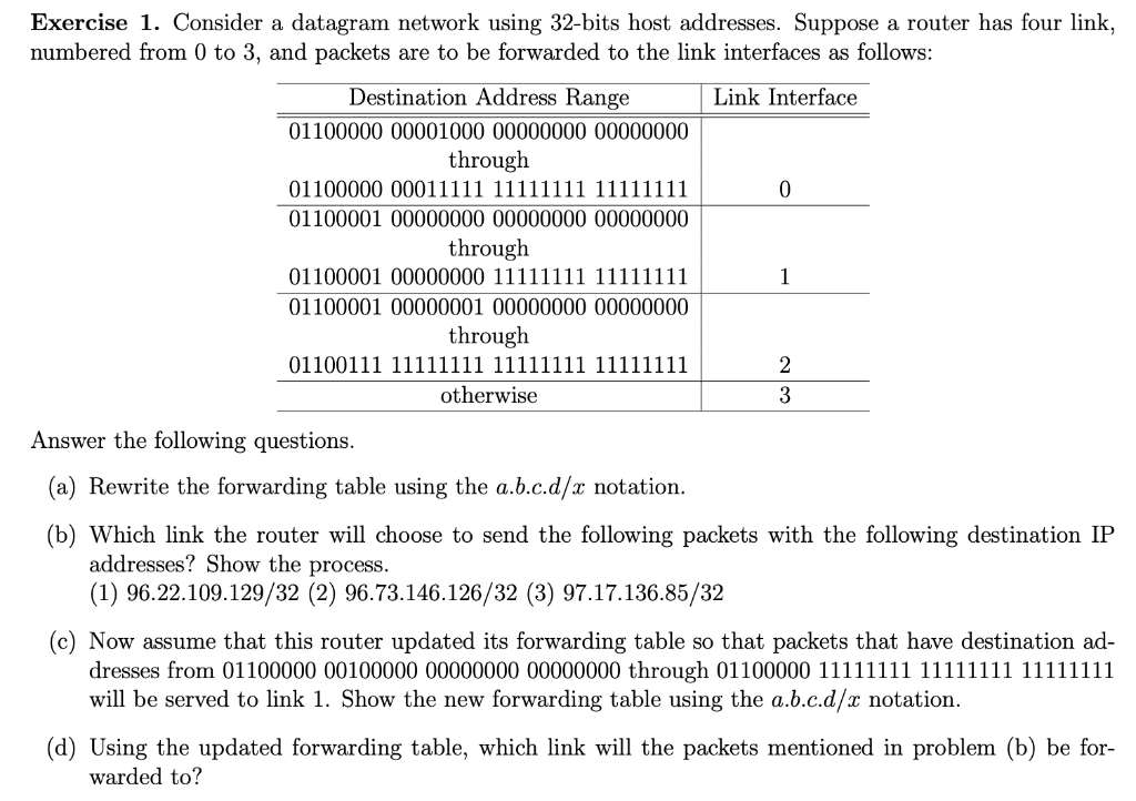 Exercise 1. Consider a datagram network using 32-bits | Chegg.com