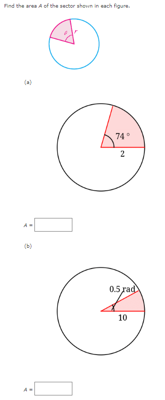Solved Find the area A of the sector shown in each figure. | Chegg.com