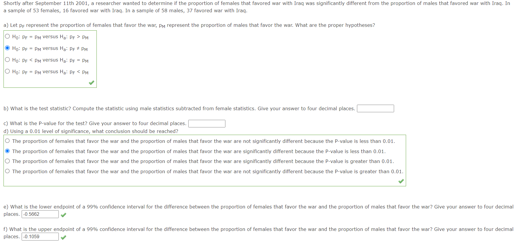 Solved a sample of 53 females, 16 favored war with Iraq. In | Chegg.com