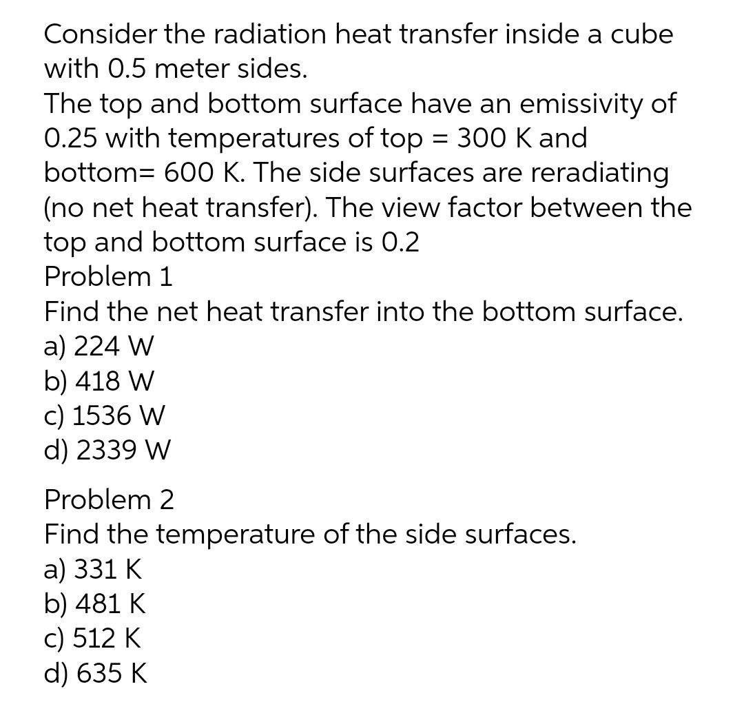 Solved = Consider the radiation heat transfer inside a cube | Chegg.com