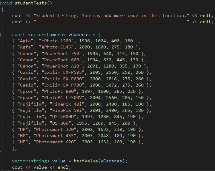 8 THE bestValue PROBLEM Using the Camera structure | Chegg.com
