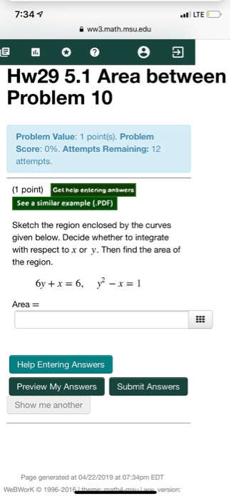 Solved 7:34 LTE Hw29 5.1 Area between Problem 10 Problem | Chegg.com