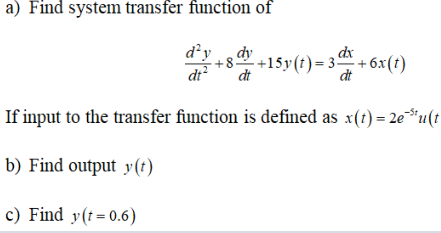 Solved a) Find system transfer function of dx them +15 () = | Chegg.com