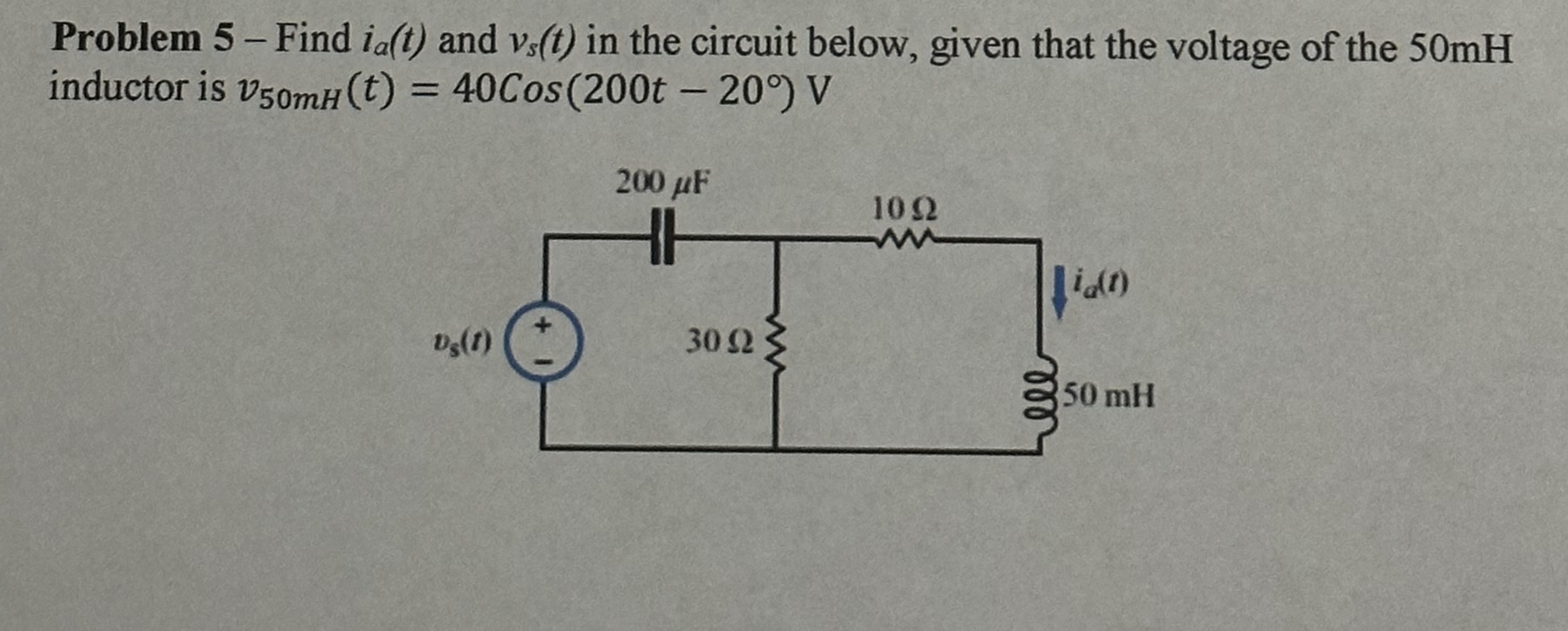 Solved Problem 5 -Find ia(t) and vs(t) in the circuit below, | Chegg.com
