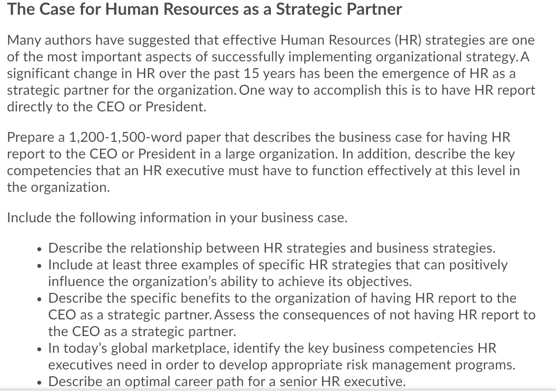 Solved The Case for Human Resources as a Strategic Partner | Chegg.com