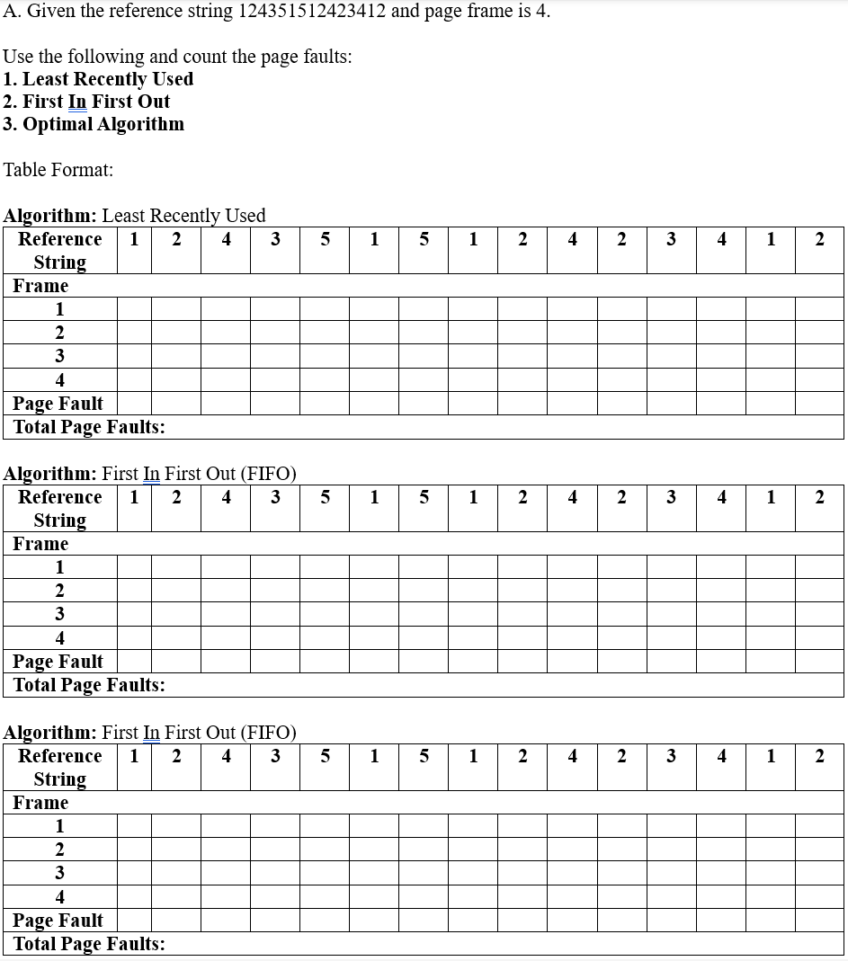 Solved A. Given the reference string 124351512423412 and | Chegg.com