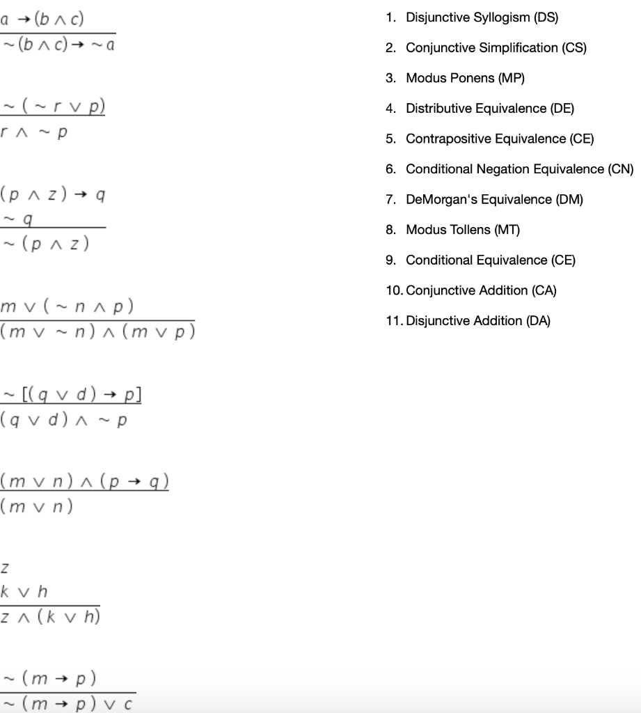 Solved 1. Disjunctive Syllogism (DS) a →( 64) -(b^c)→ ~a 2. | Chegg.com