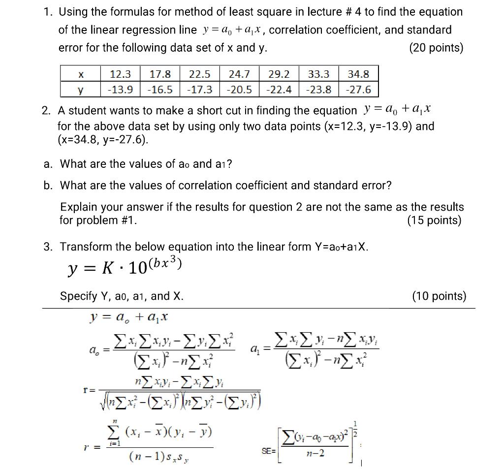 Solved 1. Using the formulas for method of least square in | Chegg.com