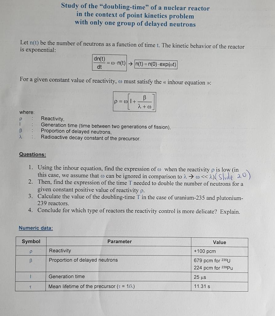 Solved Study of the "doubling-time" of a nuclear reactor in | Chegg.com