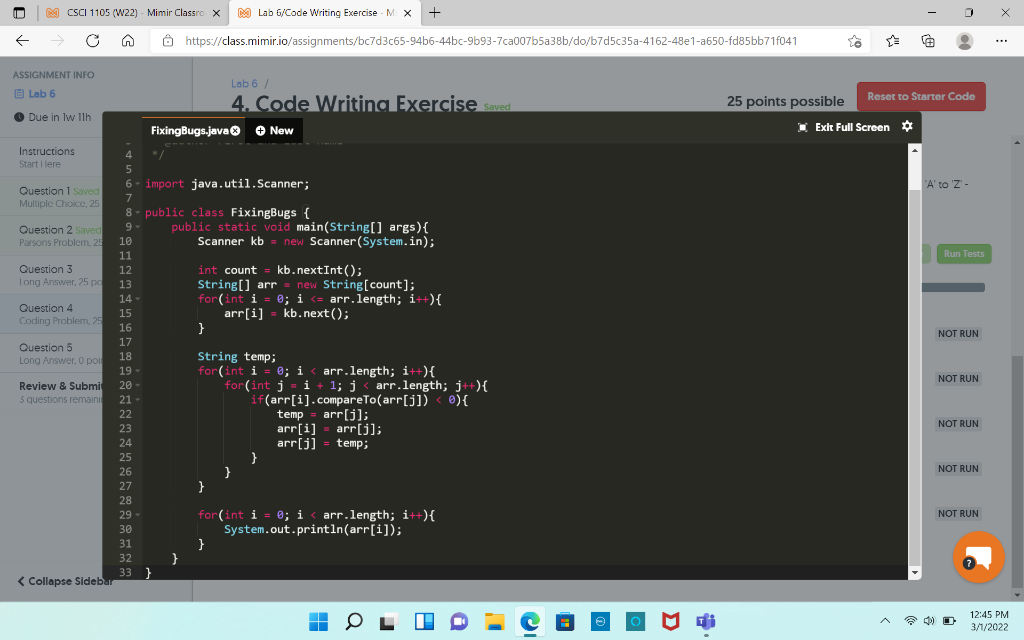 Solved CSCI 1105 (W22) - Mimir Classro X X M Lab 6/Code | Chegg.com