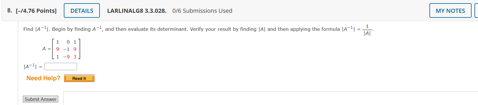 Solved Find |A-1|. ﻿Begin by finding A-1, ﻿and then evaluate | Chegg.com