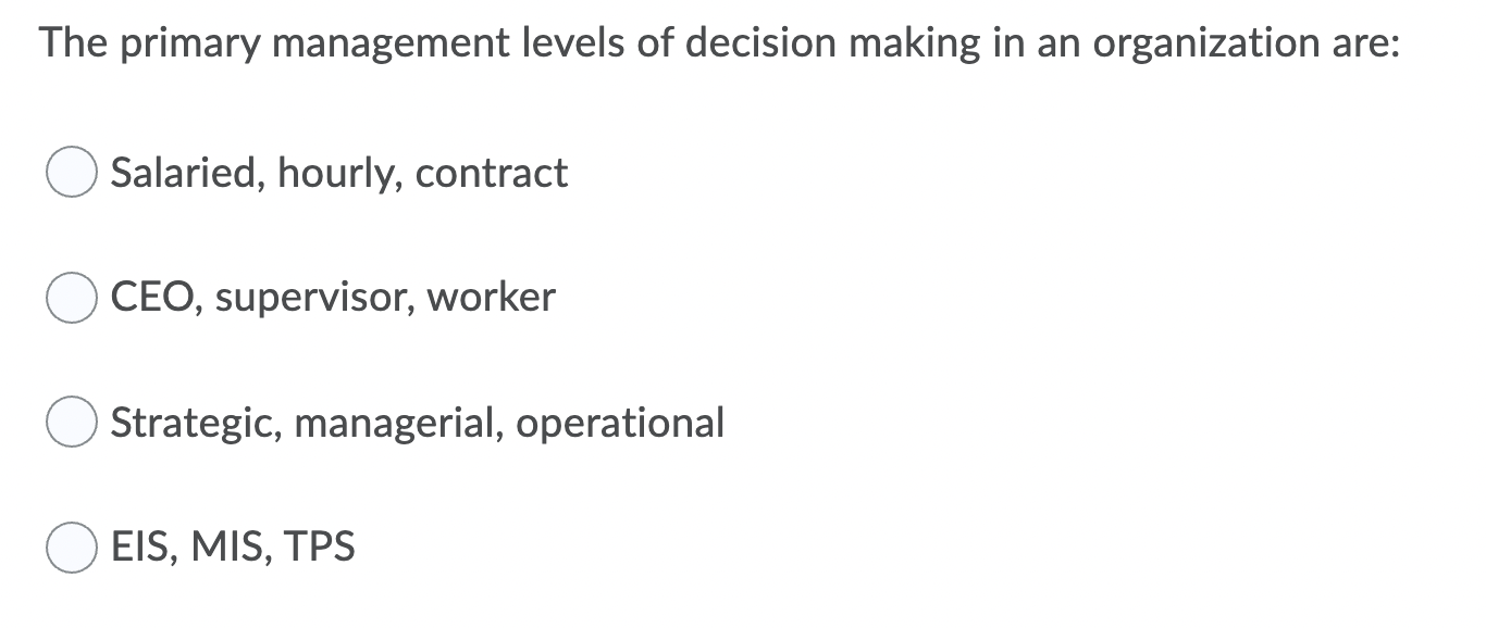 Solved The primary management levels of decision making in | Chegg.com