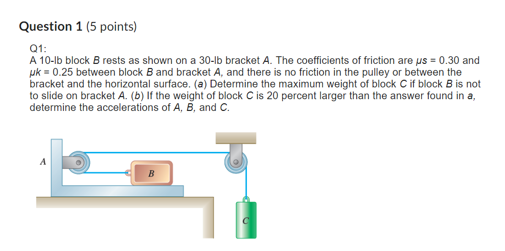 Solved Q1: A 10-lb block B rests as shown on a 30-lb bracket | Chegg.com