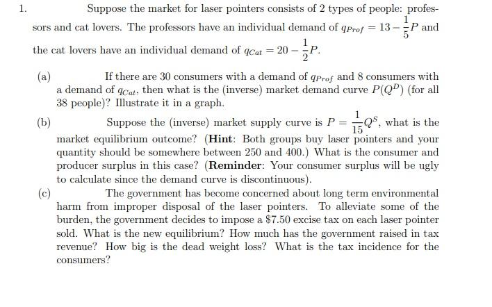 1. Suppose the market for laser pointers consists of | Chegg.com