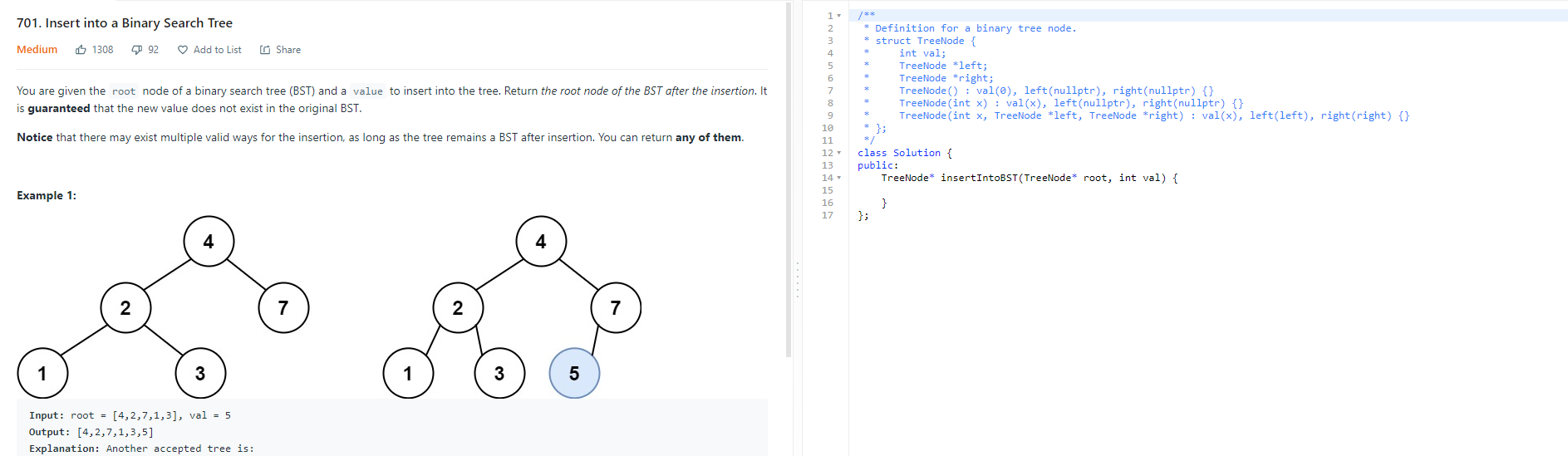 Solved 1 701. Insert into a Binary Search Tree Medium 1308 | Chegg.com