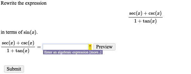 Solved Rewrite the expression sec(z) csc(x) 1 + tan(x) in | Chegg.com