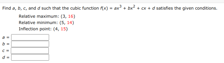 Solved Find a, b, c, and d such that the cubic function f(x) | Chegg.com