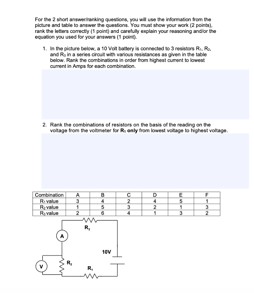 Solved For the 2 short answer/ranking questions, you will | Chegg.com