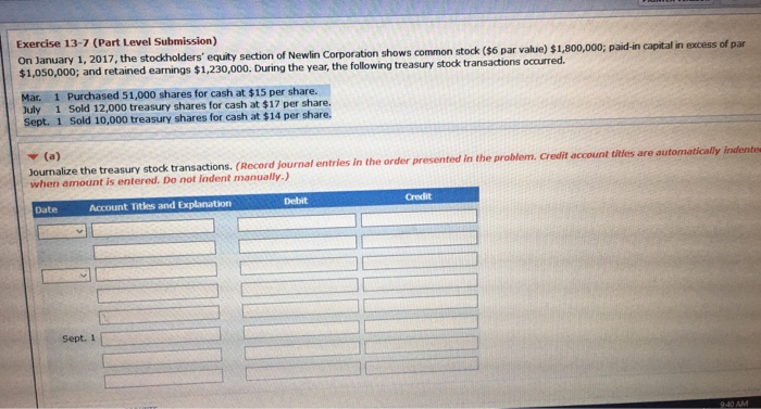 Solved Exercise 13-7 (Part Level Submission) common stock | Chegg.com