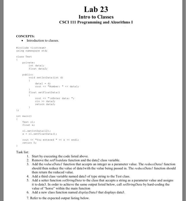 Solved Lab 23 Intro to Classes CSCI 111 Programming and | Chegg.com