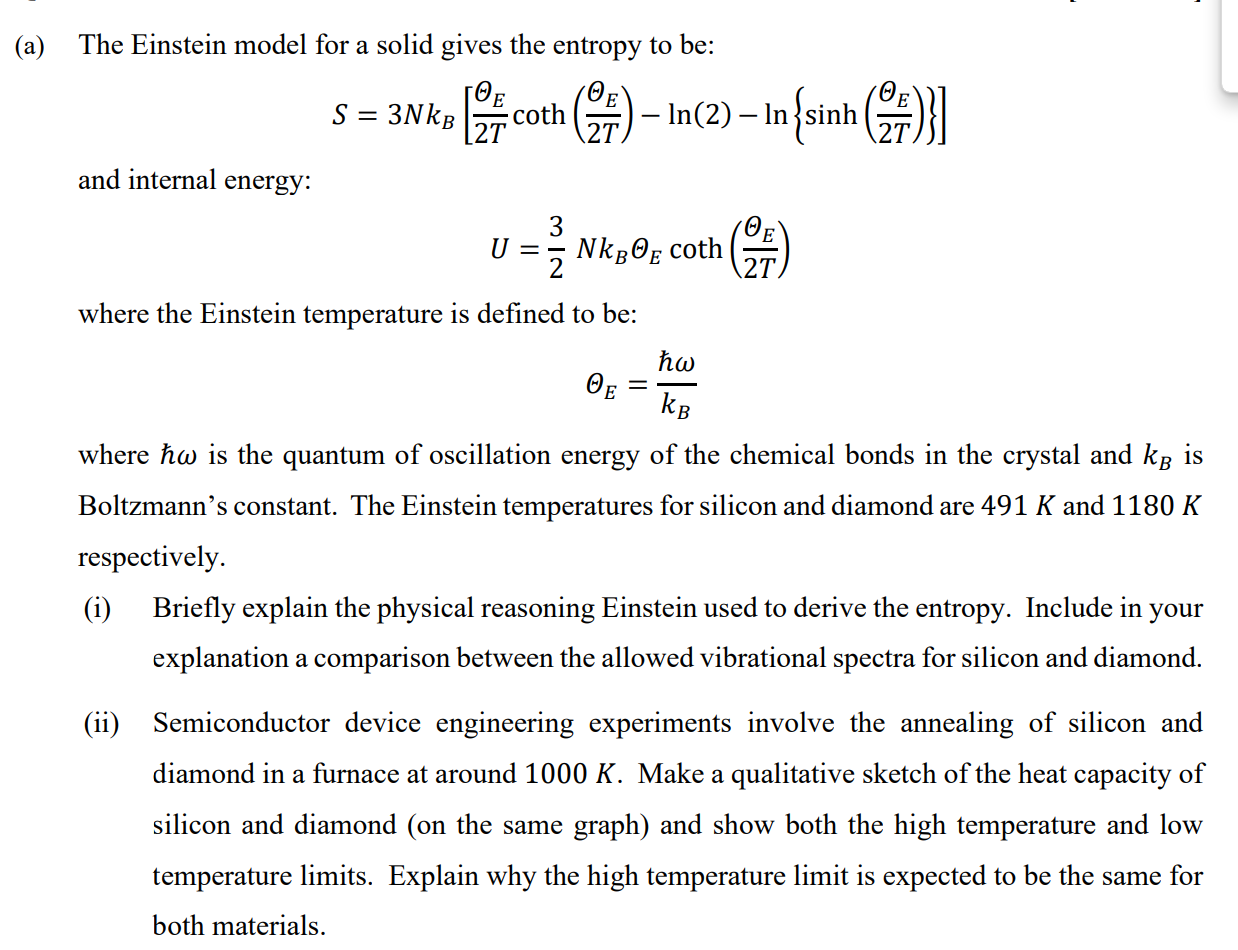 Solved (a) ﻿The Einstein model for a solid gives the entropy | Chegg.com