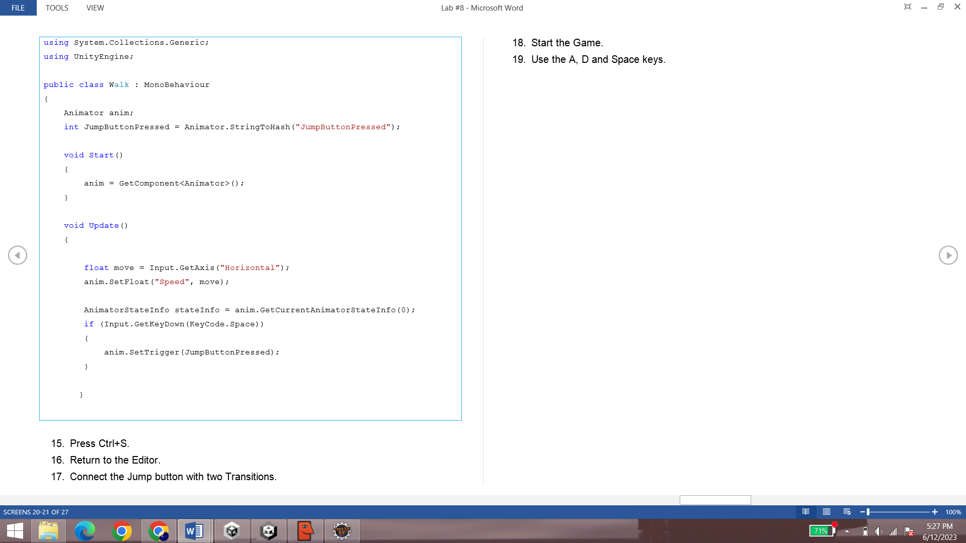 ACTIVITY 3 void Update () TESTING THE ANIMATION This | Chegg.com