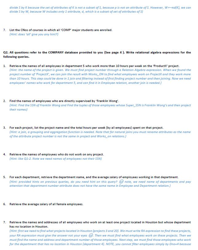 Q1. Consider the following relational database schema | Chegg.com