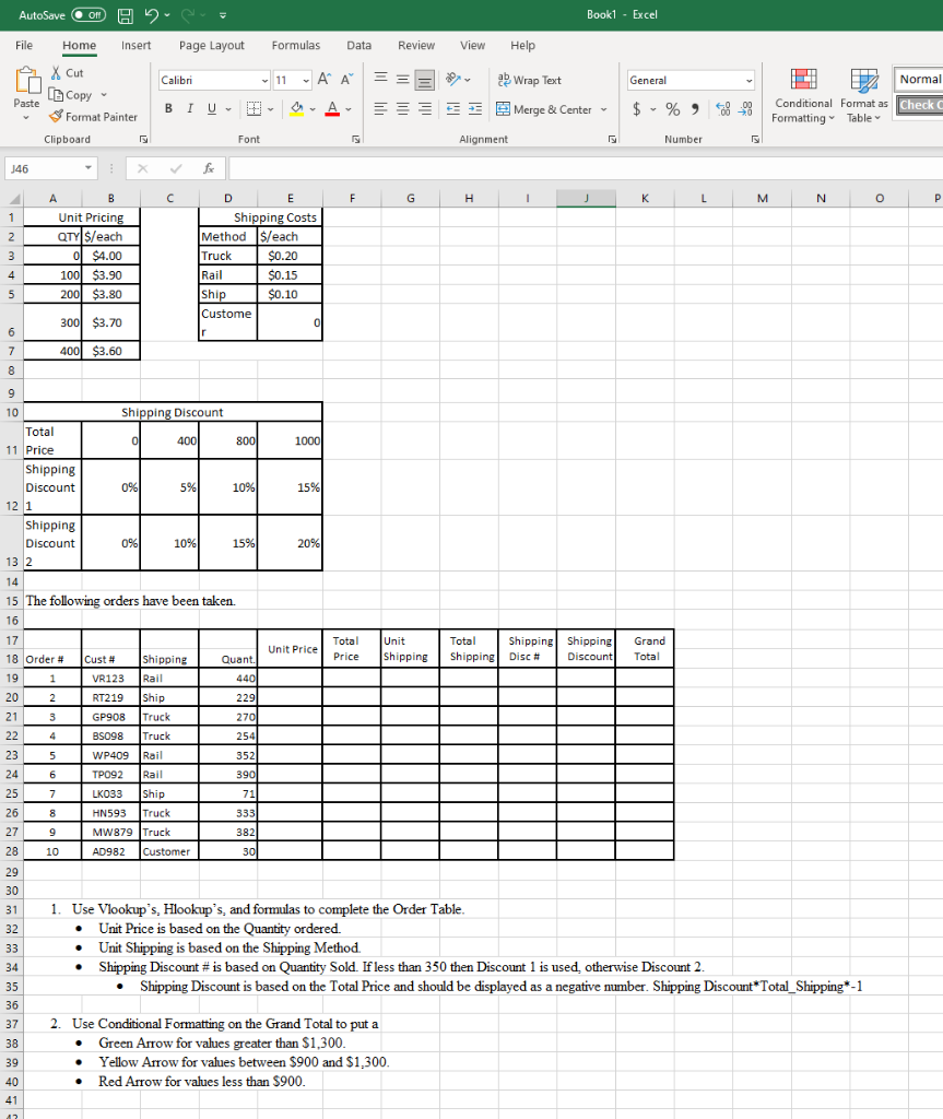 1. Use Vlookup's, Hlookup's, and formulas to complete | Chegg.com
