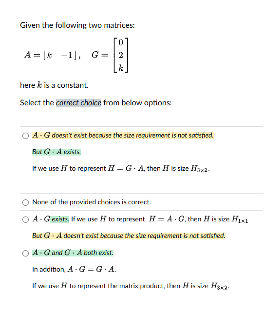 Solved Given the following two matrices:A=[k-1],G=[02k]here | Chegg.com