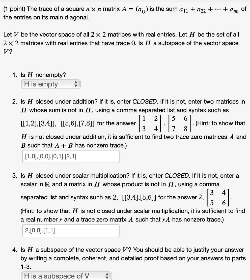 Solved (1 point) The trace of a square n x n matrix A = | Chegg.com