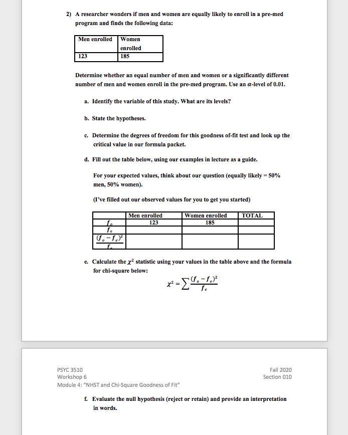 Section 010 Workshop 6 Module 4: "NHST and Chi-Square | Chegg.com