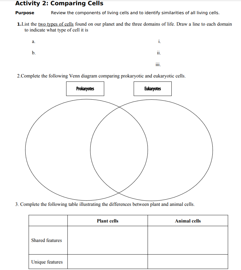 Solved Activity 2: Comparing Cells Purpose 1.List the two | Chegg.com