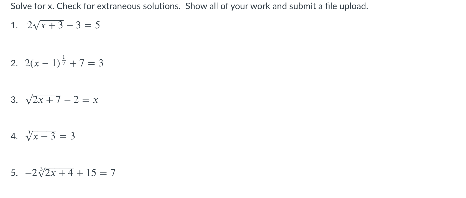 Solved Solve for x. Check for extraneous solutions. Show all | Chegg.com