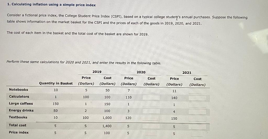 Solved 1. Calculating inflation using a simple price index | Chegg.com