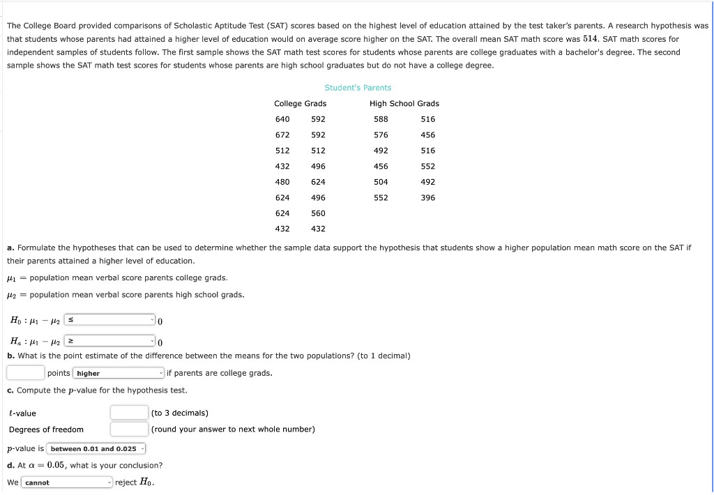 Solved The College Board provided comparisons of Scholastic | Chegg.com