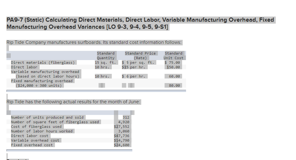 Solved PA9-7 (Static) Calculating Direct Materials, Direct | Chegg.com
