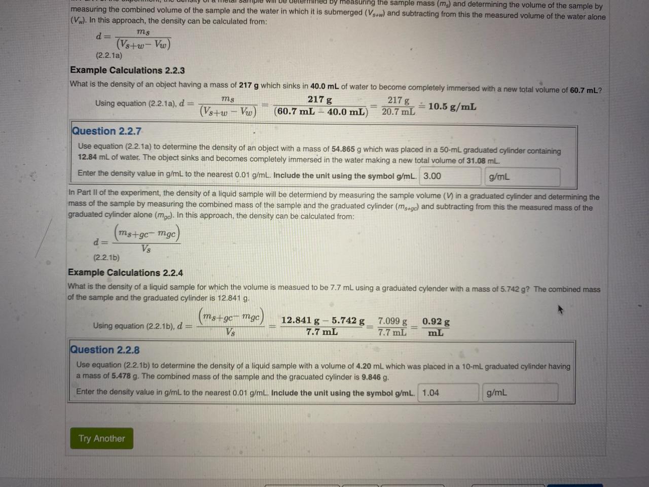 Solved Remaining Time: 12:38:03 2.2b Density Determination | Chegg.com