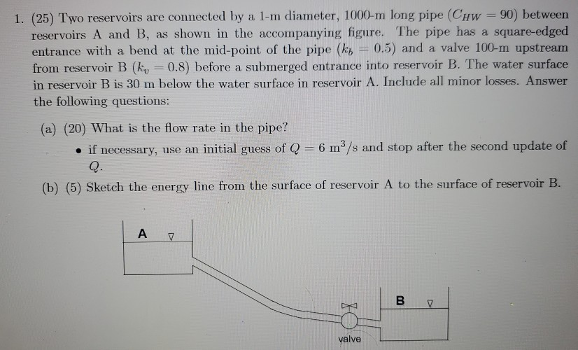 Solved 1. (25) Two reservoirs are connected by a 1-m | Chegg.com
