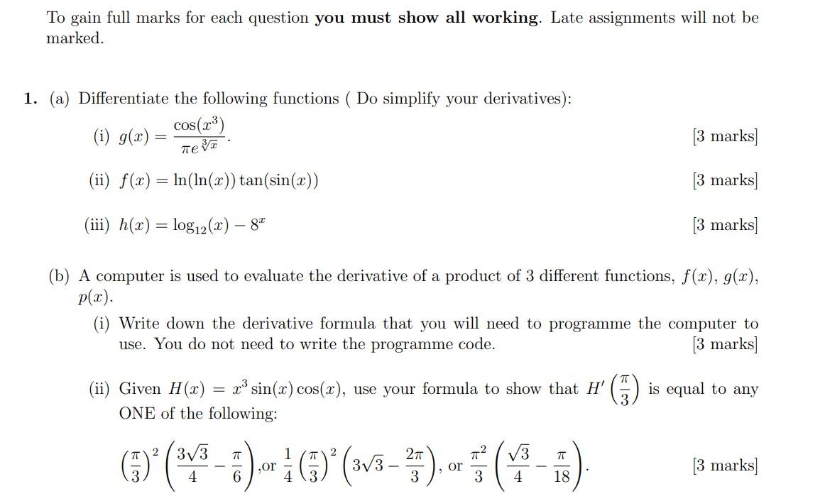 Solved To gain full marks for each question you must show | Chegg.com