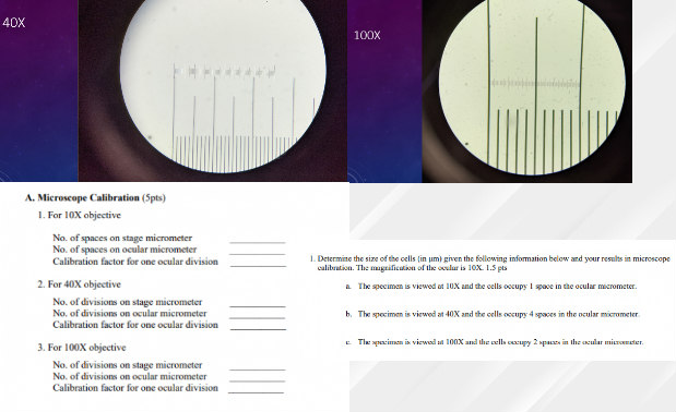 40X 100X A. Microscope Calibration (5pts) 1. For 10X | Chegg.com