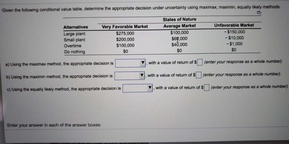Solved Given the following conditional value table, | Chegg.com
