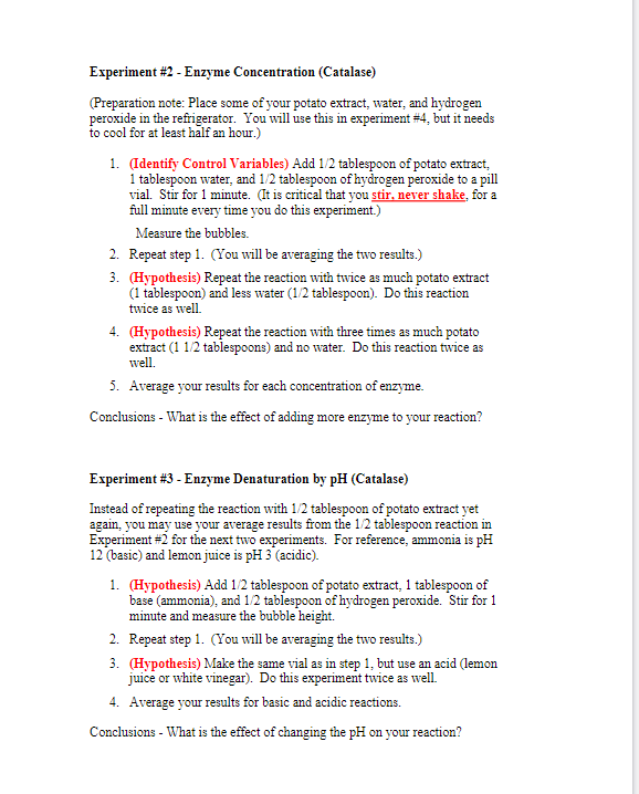 Solved Experiment #2 - Enzyme Concentration (Catalase) | Chegg.com